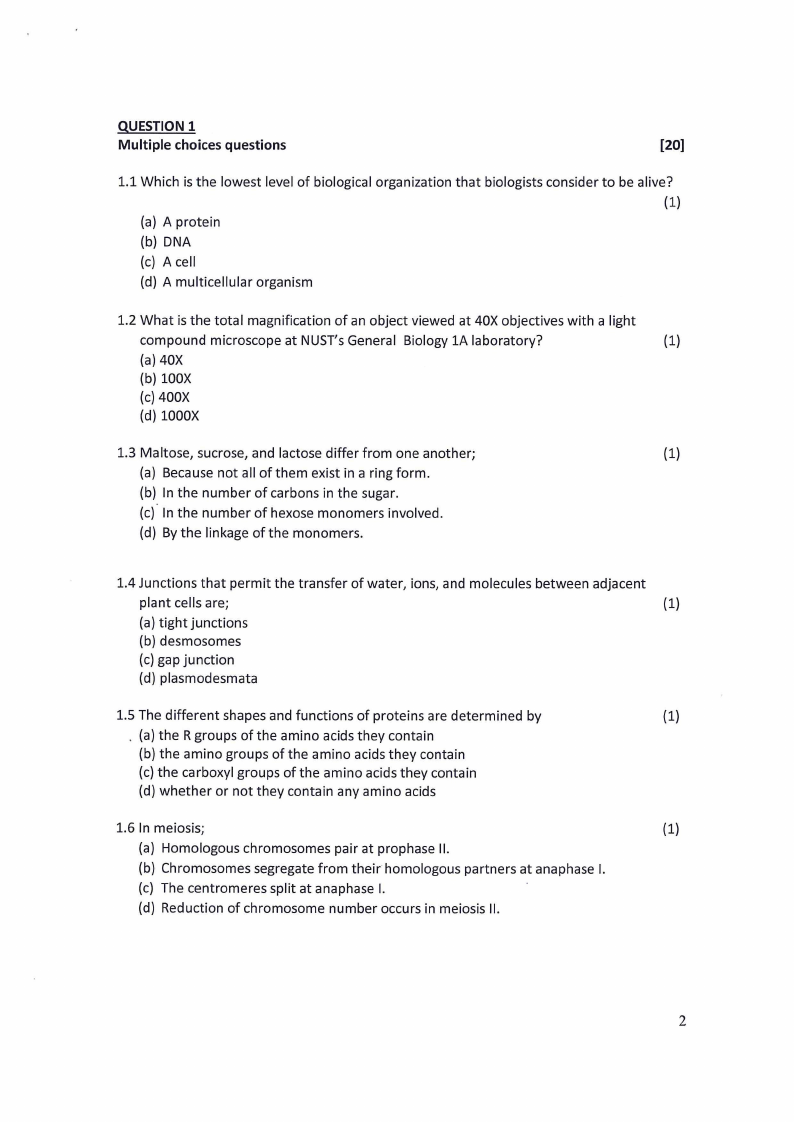 GNB501S - GENERAL BIOLOGY - 1ST Opp - JUNE 2022 :: NUST past ...