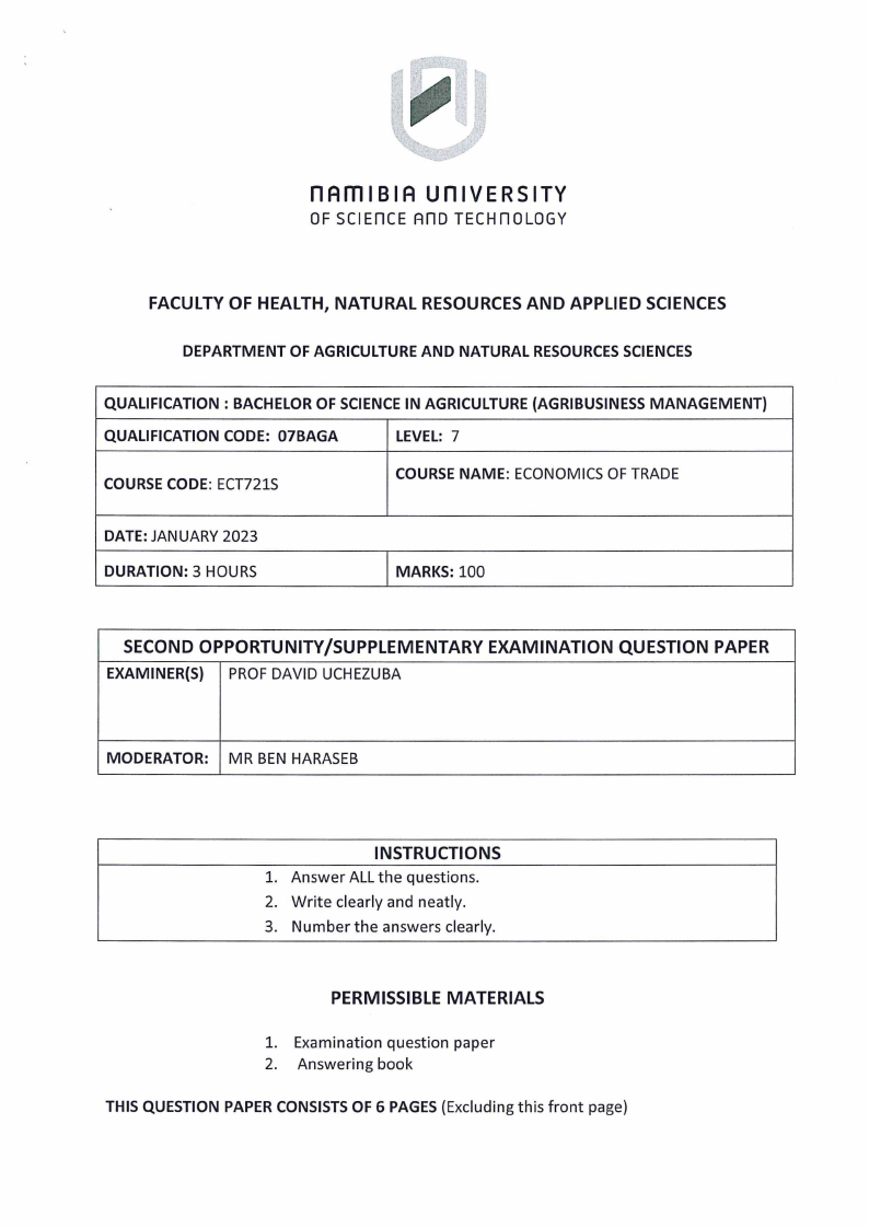 ECT721S - ECONOMICS OF TRADE - 2ND OPP - JAN 2023 :: NUST past ...