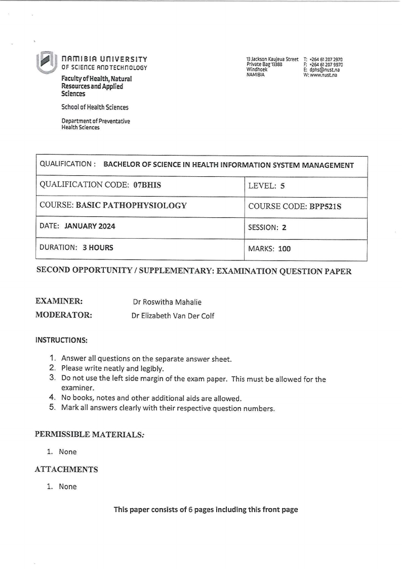 BPP521S - BASIC PATHOPHYSIOLOGY - 2ND OPP - JANUARY 2024 :: NUST past ...