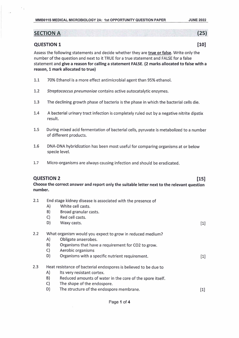 MMB611S - MEDICAL MICROBIOLOGY 2A - 1ST OPP - JUNE 2022 :: NUST past ...