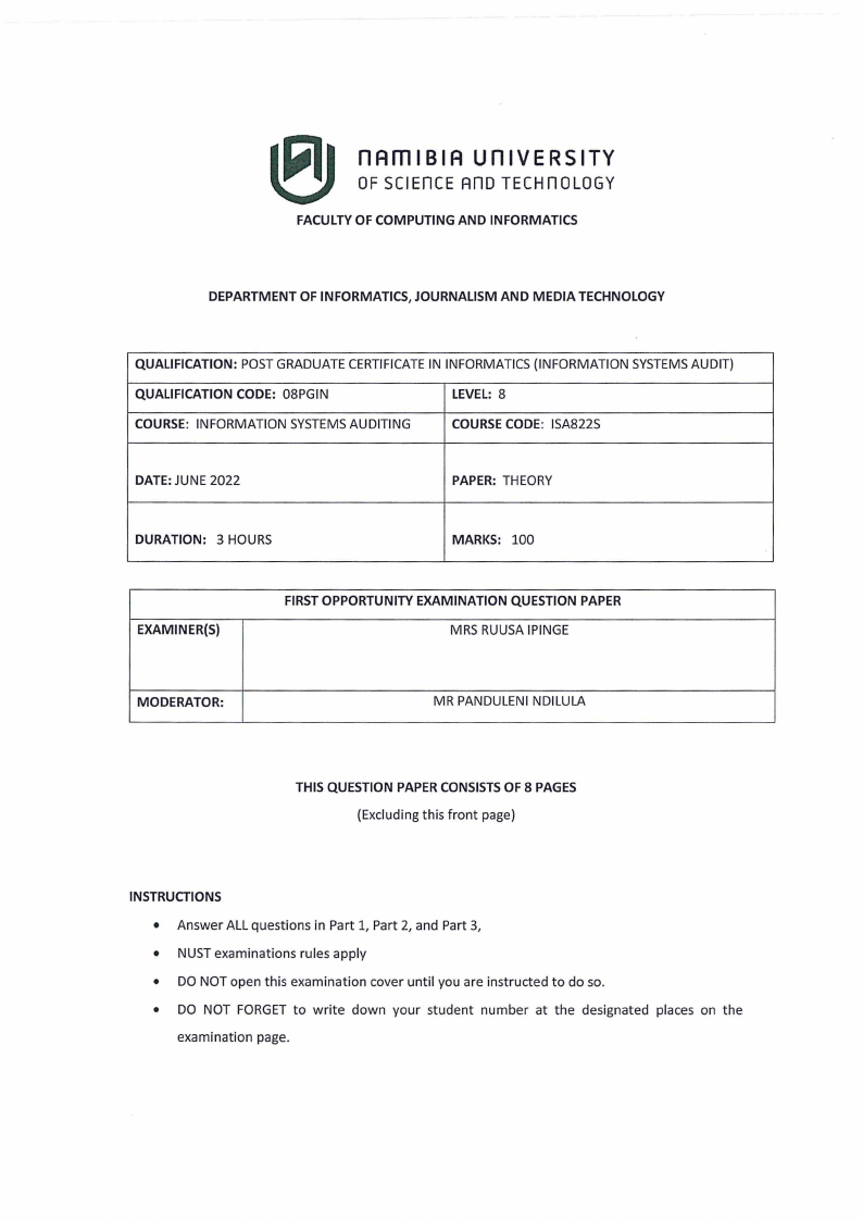 ISA822S - INFORMATION SYSTEMS AUDITING - 1ST OPP - JUNE 2022 :: NUST ...