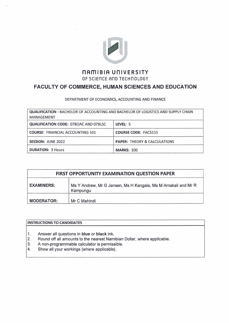 FAC511S-FINANCIAL ACCOUNTING 101-1ST OPP-JUNE 2022 :: NUST past ...