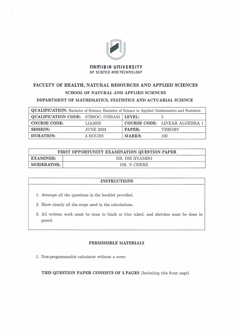 LIA502S - LINEAR ALGEBRA 1 - 1ST OPP - JUNE 2023 :: NUST past ...