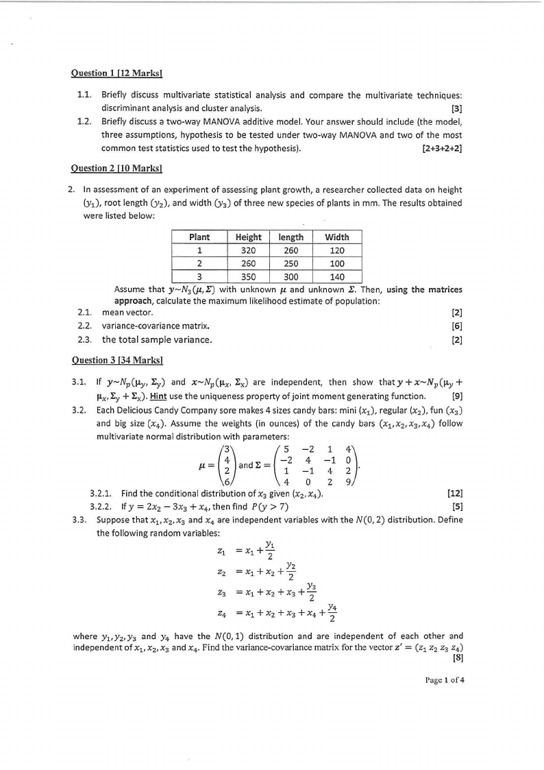 MVA802S - MULTIVARIATE ANALYSIS - 1ST OPP - NOVEMBER 2023 :: NUST past ...
