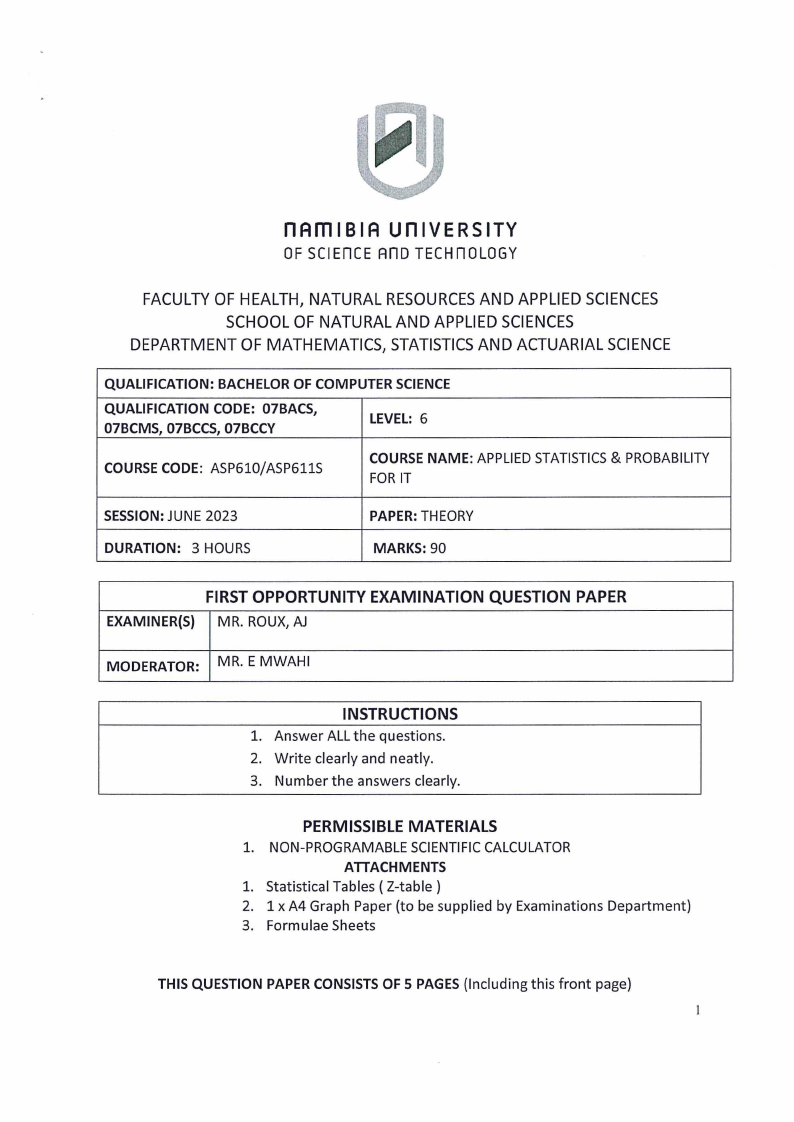 ASP610S-611S - APPLED STATISTICS AND PROBABILITY FOR IT - 1ST OPP ...