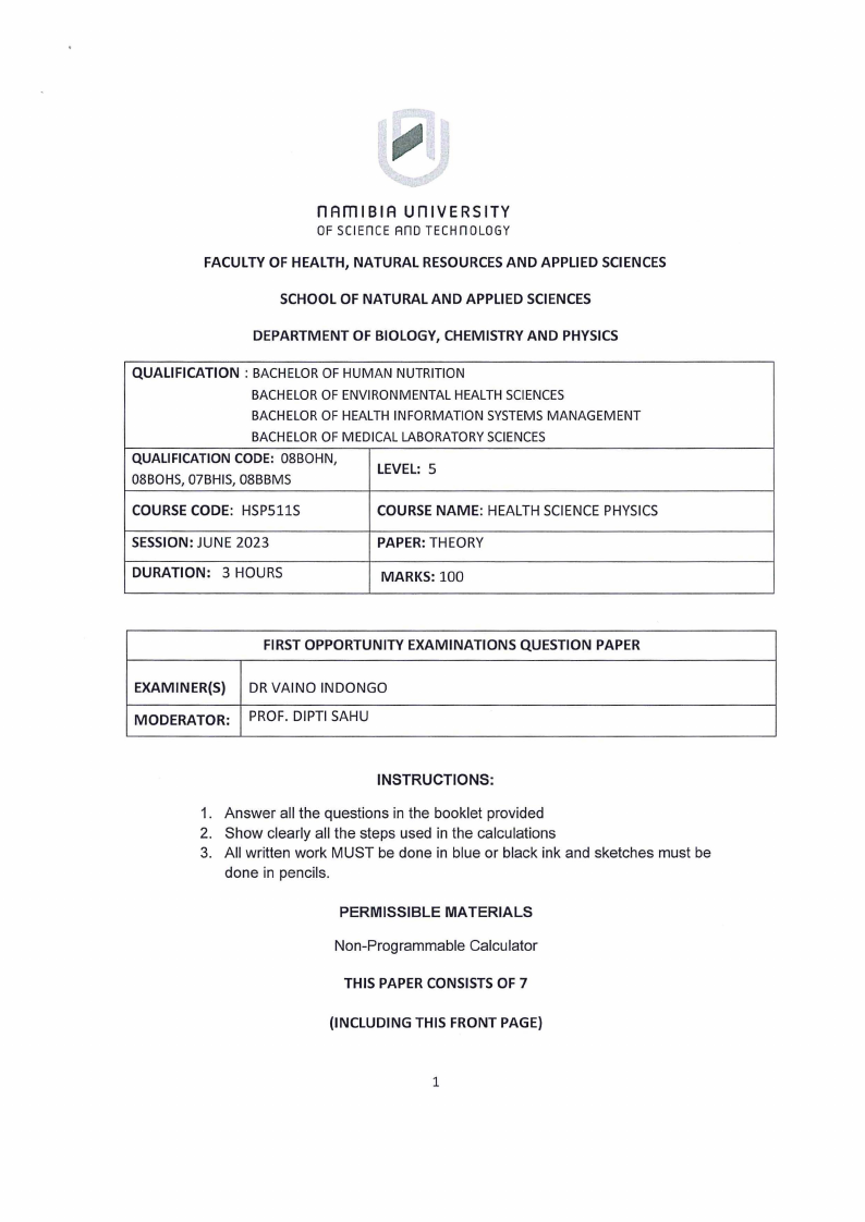 HSP511S - HEALTH SCIENCE PHYSICS - 1ST OPP - JUNE 2023 :: NUST past ...