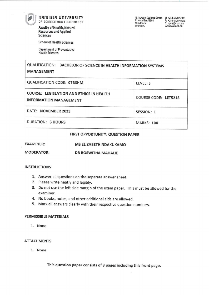 LET521S - LEGISLATION AND ETHICS IN HEALTH INFORMATION MANAGEMENT - 1ST ...