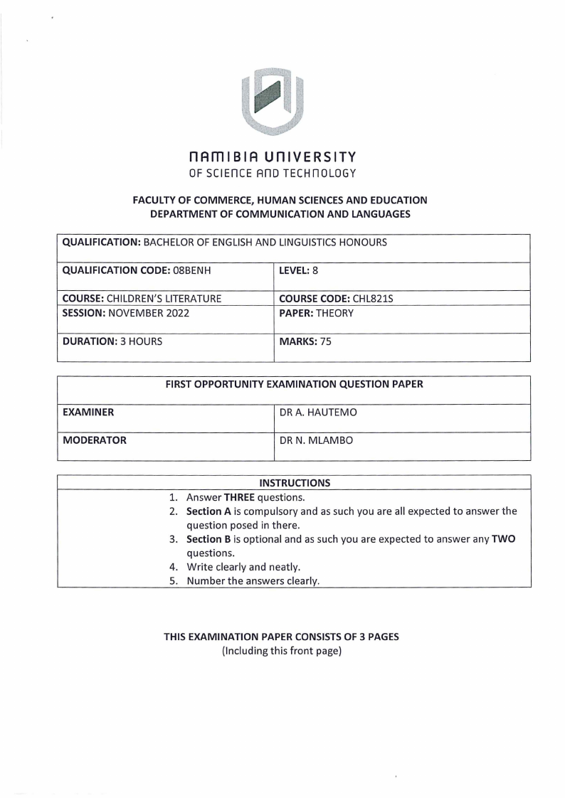 CHL821S - CHILDRENS LITERATURE - 1ST OPP - NOVEMBER 2022 :: NUST past ...