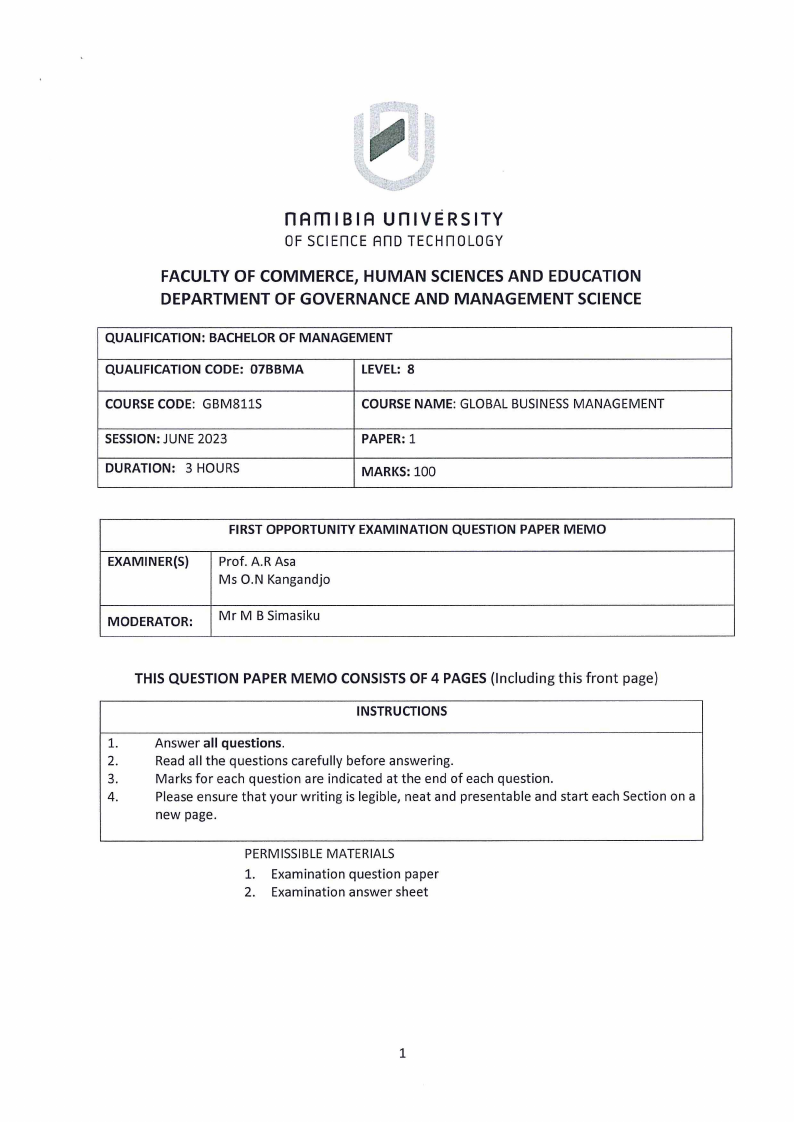GBM811S - Global Business Management - 1st OPP - JUN 2023 :: NUST past ...
