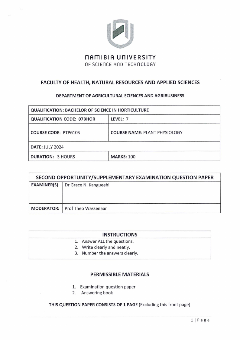 PTP610S - PLANT PHYSIOLOGY - 2ND OPP - JUNE 2024 :: NUST past ...