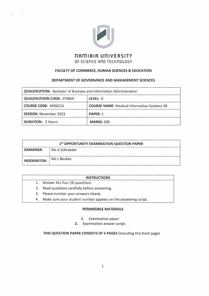 MIS621S - MEDICAL INFORMATION SYSTEMS 2B - 1ST OPP - NOVEMBER 2023 ...