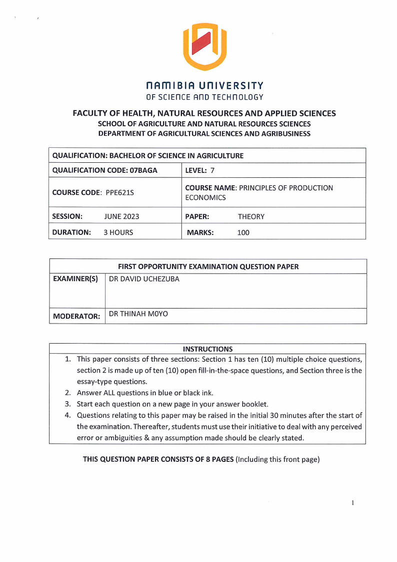 PPE611S - PRINCIPLES OF PRODUCTION ECONOMICS - 1ST OPP - JUNE 2023 ...