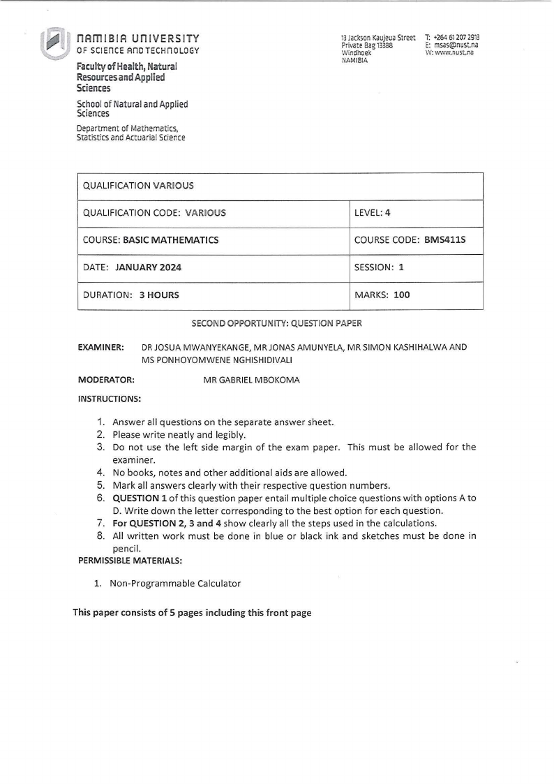 BMS411S - BASIC MATHEMATICS - 2ND OPP - JANUARY 2024 :: NUST past ...