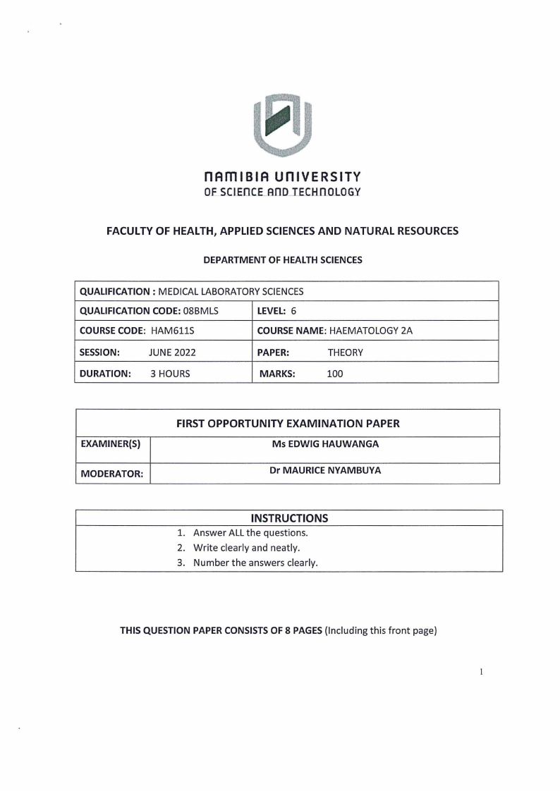 HAM611S - HAEMATOLOGY 2A - 1ST OPP - JUNE 2022 :: NUST past examination ...