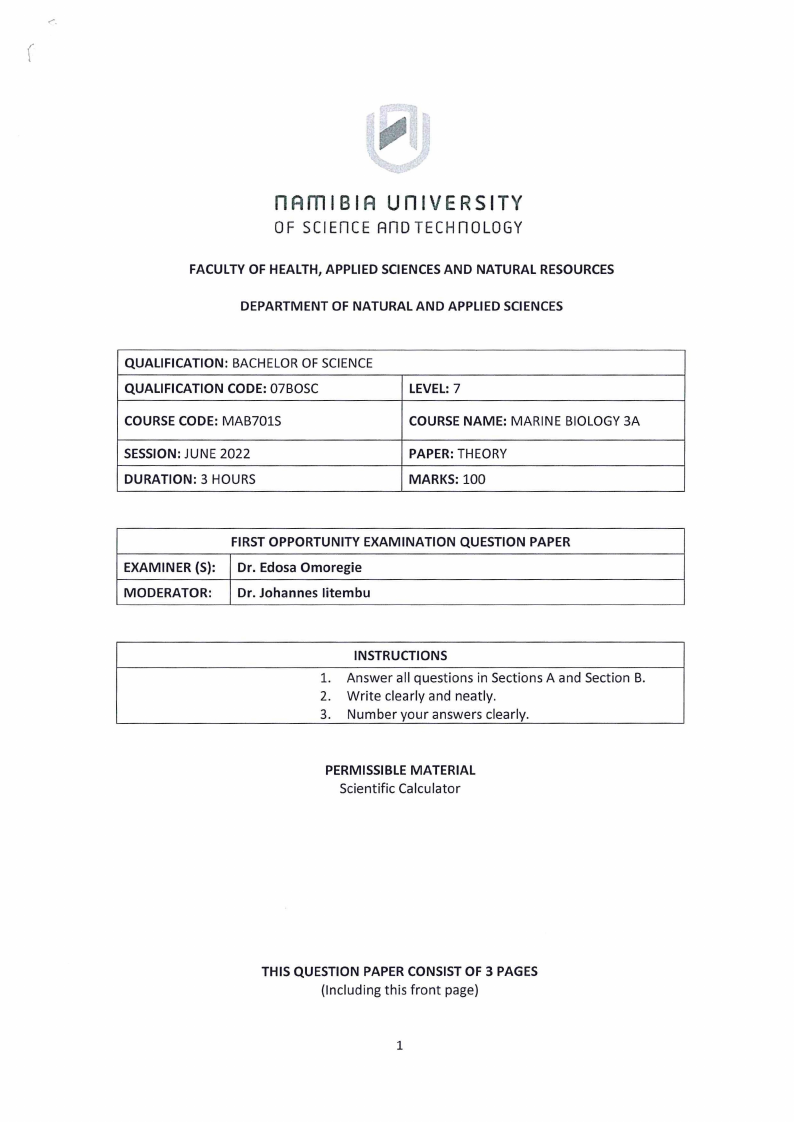 MAB701S - MARINE BIOLOGY 3A - 1st Opp - JUNE 2022 :: NUST past ...