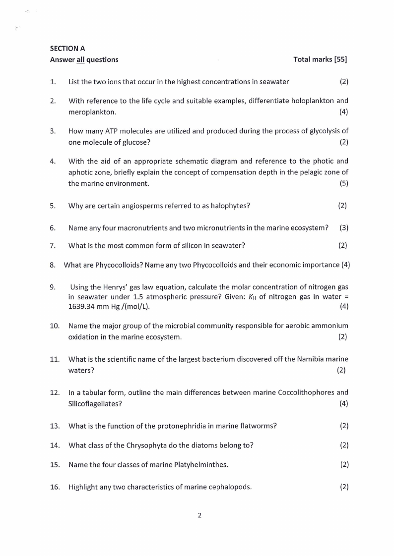 MAB701S - MARINE BIOLOGY 3A - 1st Opp - JUNE 2022 :: NUST past ...