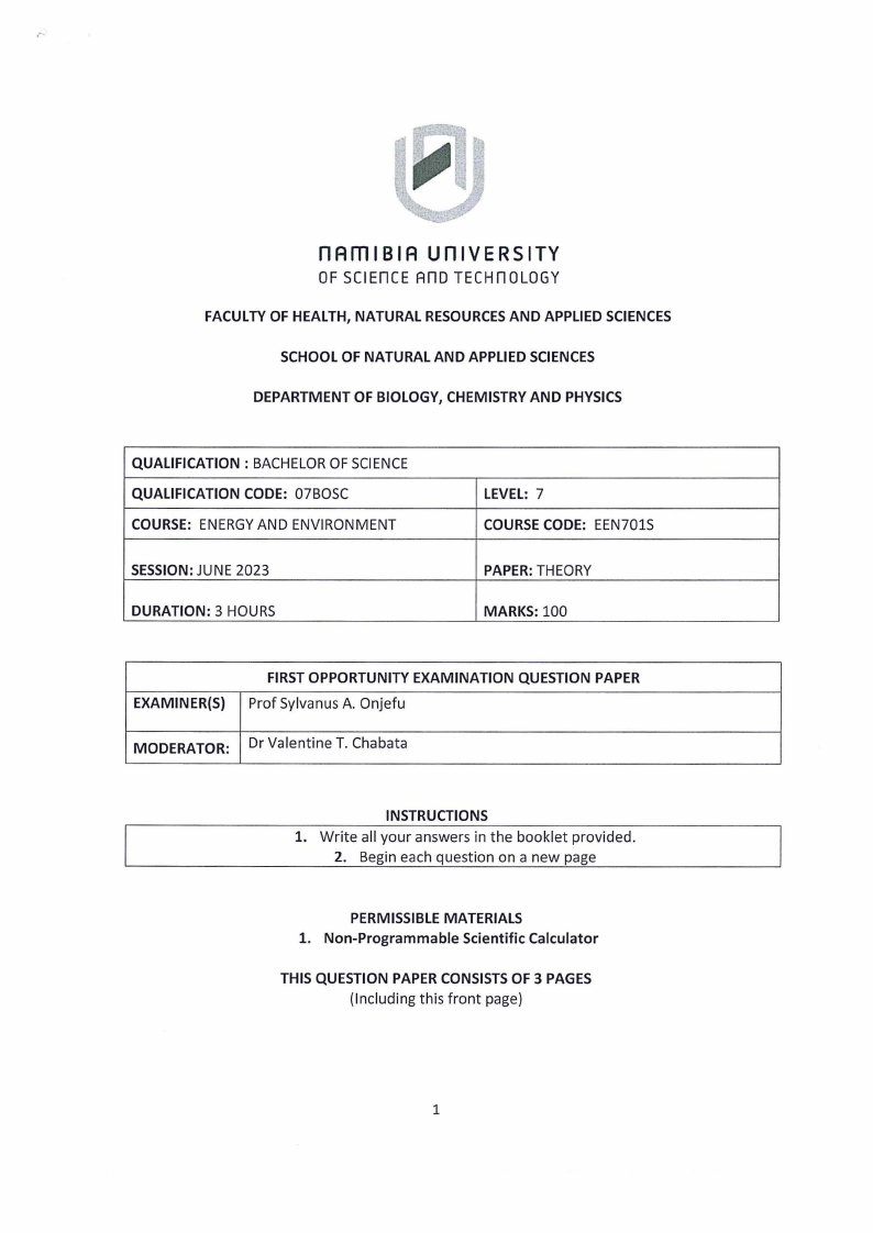 EEN701S - ENERGY AND ENVIRONMENT -1ST OPP - JUNE 2023 :: NUST past ...