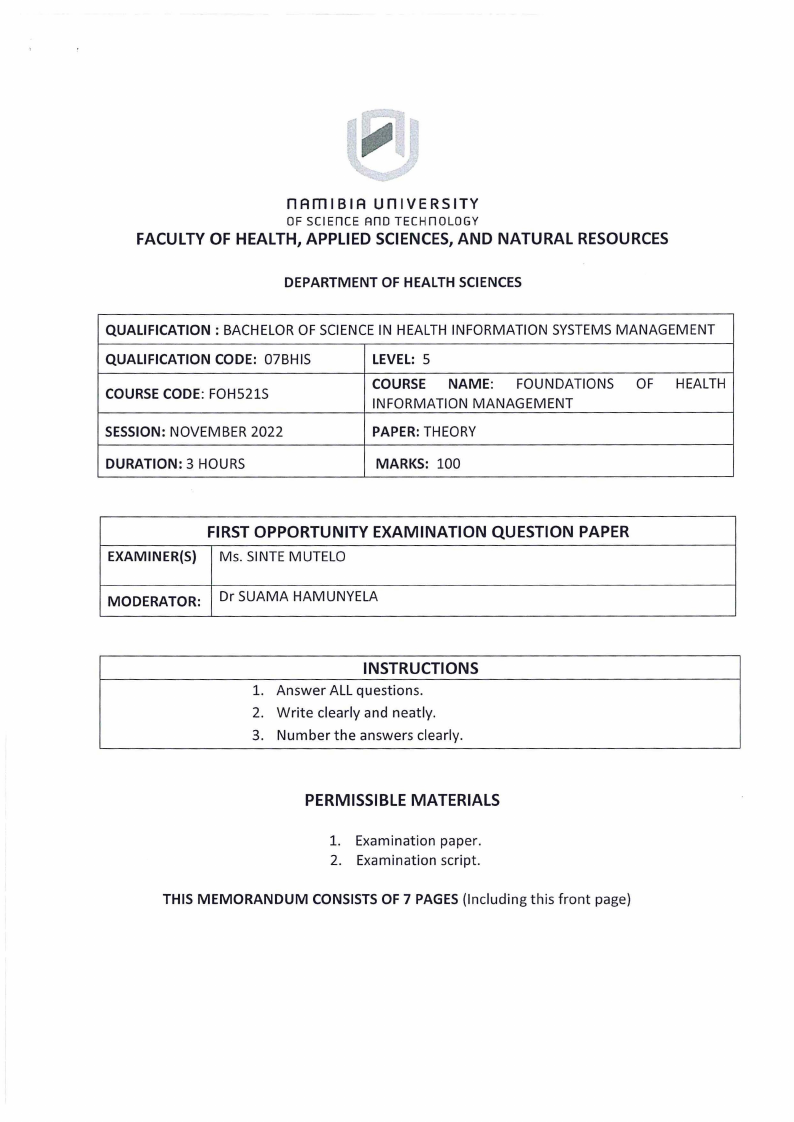 FOH521S - FOUNDATIONS OF HEALTH INFORMATION MANAGEMENT - 1ST OPP - NOV ...