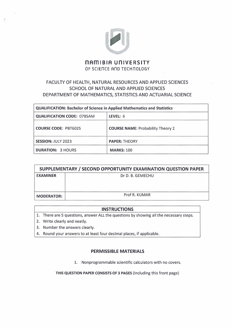 PBT602S - PROBABILITY THEORY 2 - 2ND OPP - JULY 2023 :: NUST past ...