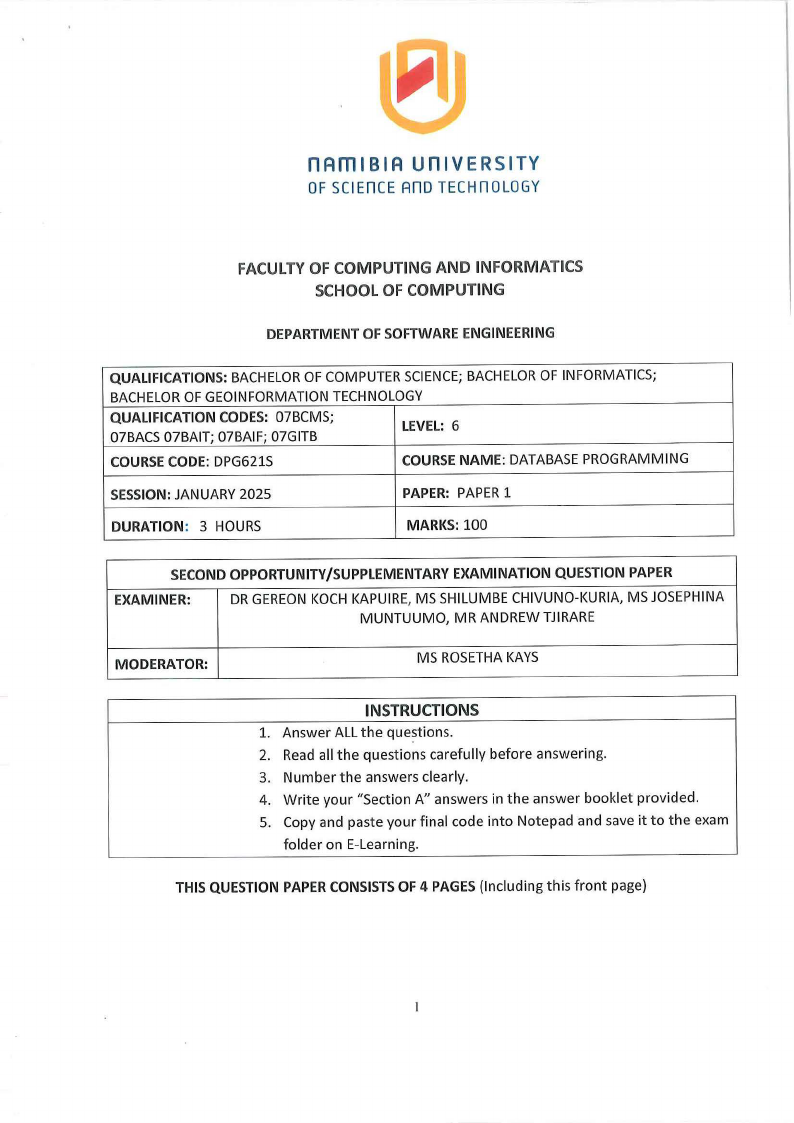 DPG621S - DATABASE PROGRAMMING - 2ND OPP - JAN 2025 :: NUST past ...