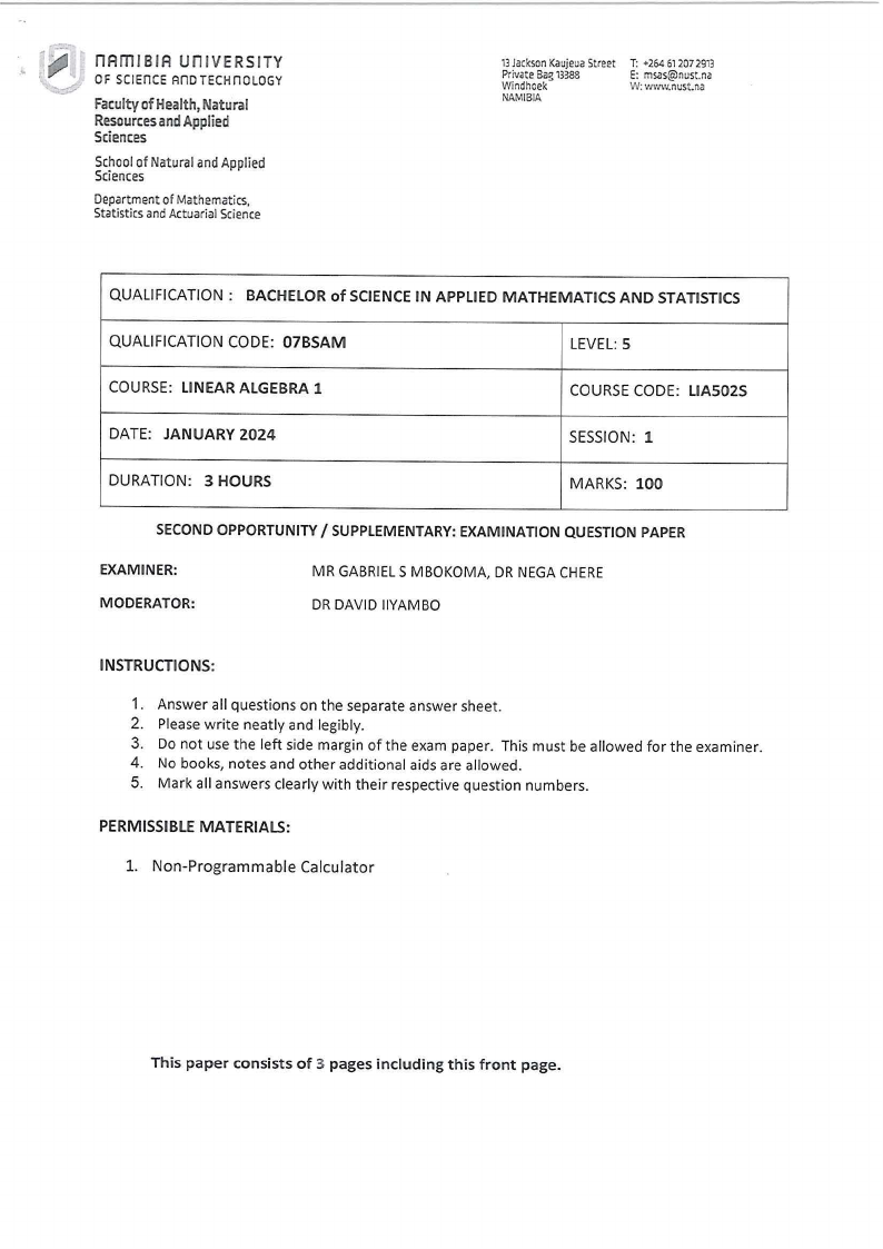 LIA502S - LINEAR ALGEBRA 1 - 2ND OPP - JANUARY 2024 :: NUST past ...