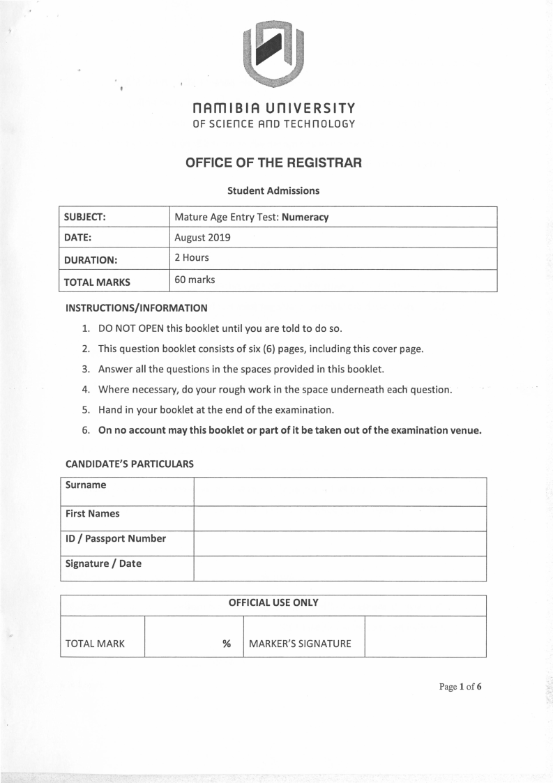 Mature Age Entry Test - Numeracy - August 2019 :: NUST past examination ...