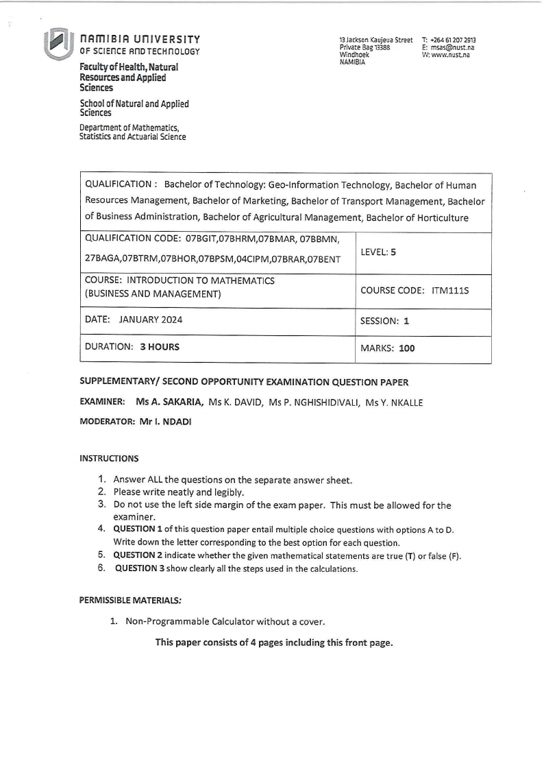 ITM111S - INTRODUCTION TO MATHEMATICS - 2ND OPP - JANUARY 2024 :: NUST ...