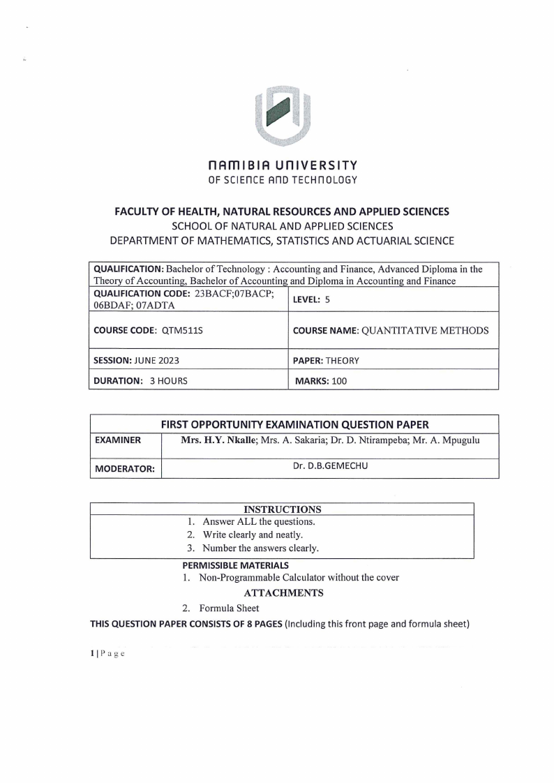 QTM511S - QUANTITATIVE METHODS - 1ST OPP - JUNE 2023 :: NUST past ...