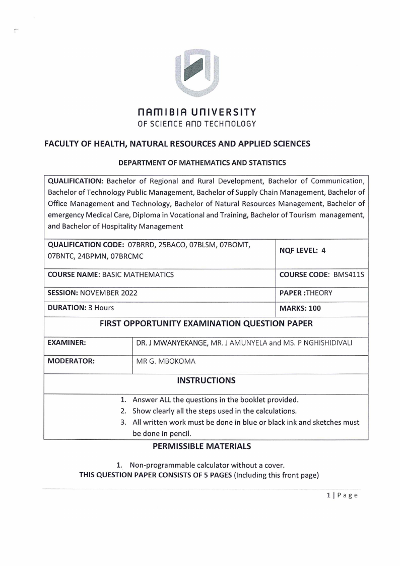 BMS411S - BASIC MATHEMATICS - 1ST OPP - NOV 2022 :: NUST past ...