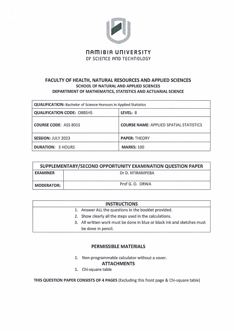 ASS801S - APPLIED SPATIAL STATISTICS - 2ND OPP - JULY 2023 :: NUST past ...
